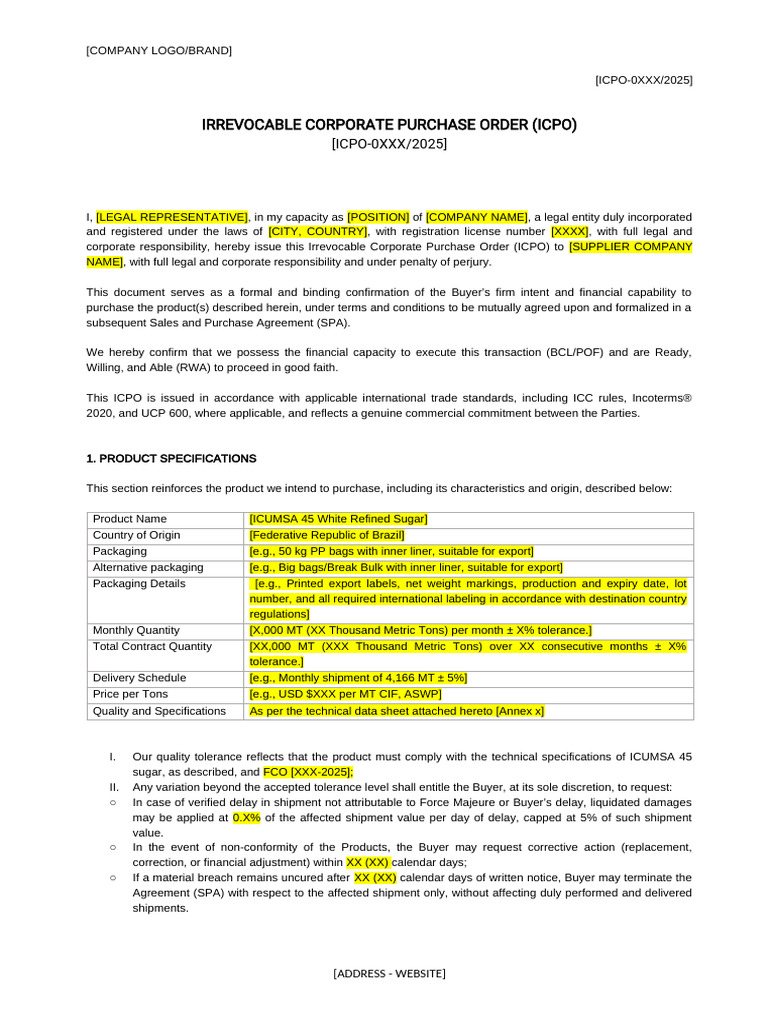 ICPO for ICUMSA 45 Sugar Purchase | PDF | Letter Of Credit | Business