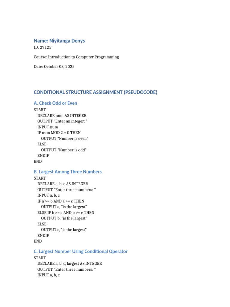 Conditional Structure Assignment Pseudocode Niyitanga Denys | PDF | Mathematics