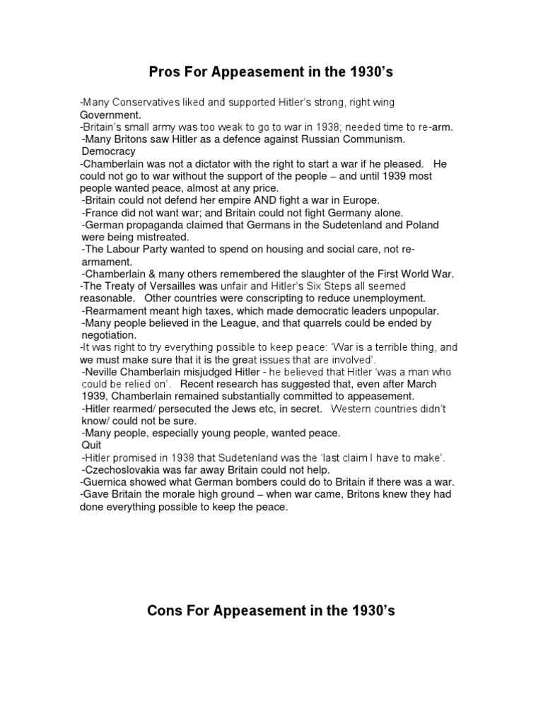 Pros and Cons of 1930s Appeasement | PDF