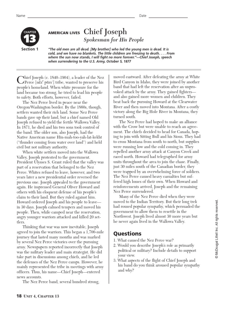 Chief Joseph: Nez Perce Leader's Struggle | PDF | Chief Joseph | Indian ...
