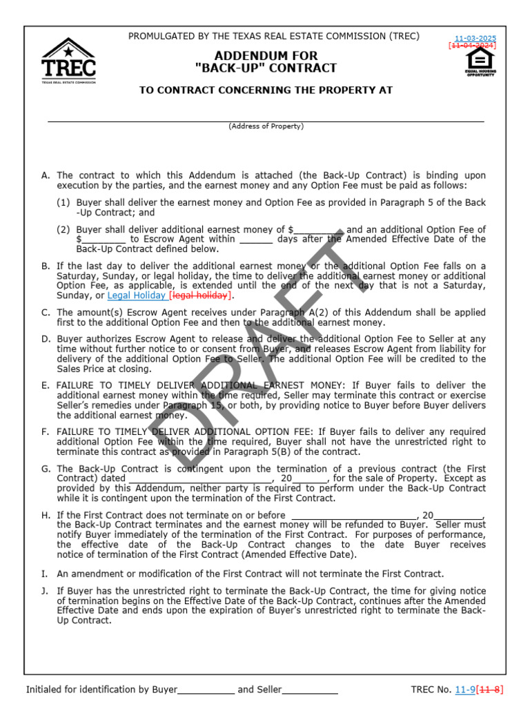 Addendum For Back Up Contract - 11-9 Draft | PDF | Common Law | Private Law
