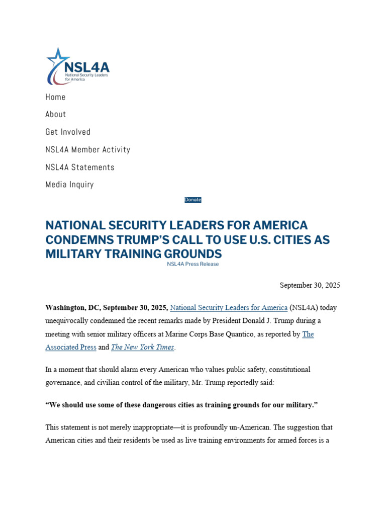 National Security Leaders for America Condemns Trump’s Call to Use u.s ...