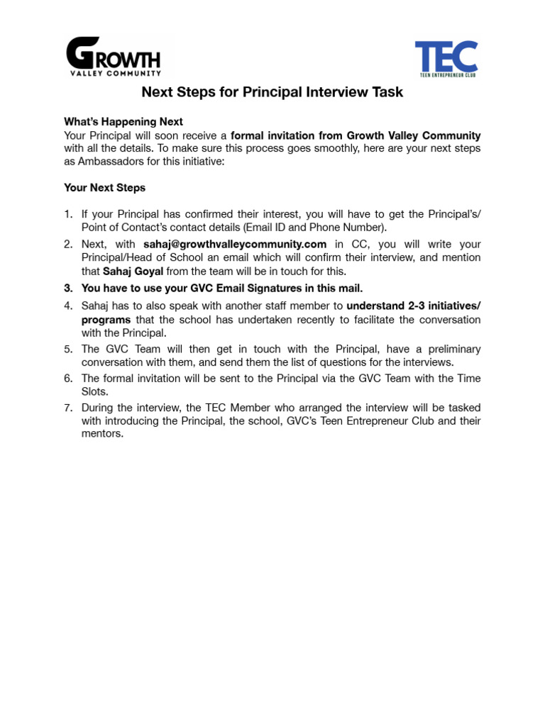 Next Steps For Principal Interview Task | PDF
