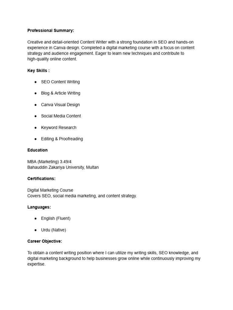 SEO-Focused Content Writer Profile | PDF