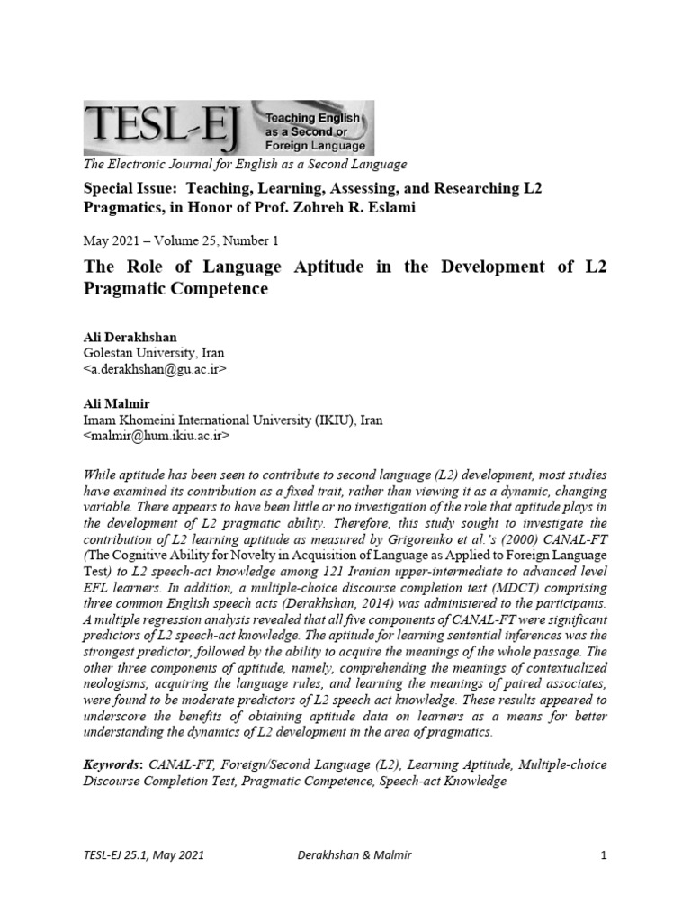 The Role of Language Aptitude in The Development of L2 | PDF | Second ...
