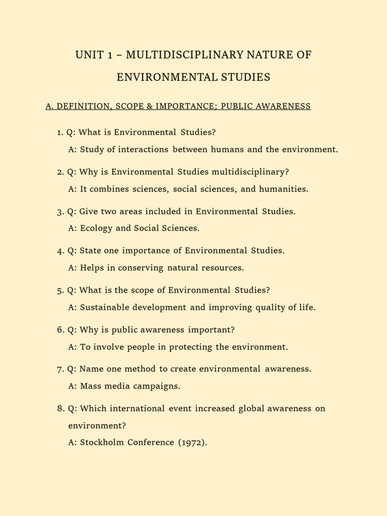 Unit 1 - 2 Mark Questions | PDF | Environmental Ethics | Sustainability