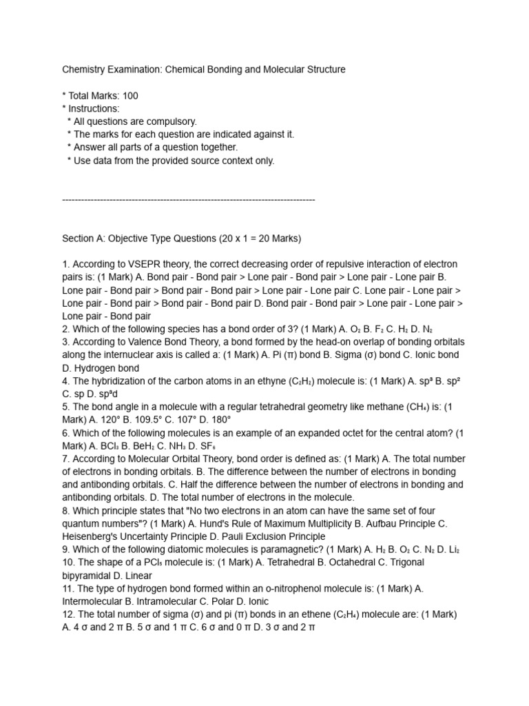 Questions On Chemical Bonding | PDF | Chemical Bond | Molecular Orbital