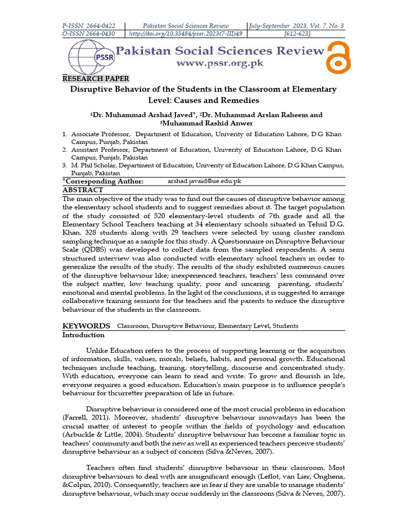 Disruptive Behavior of The Students in The Classroom at Elementary ...