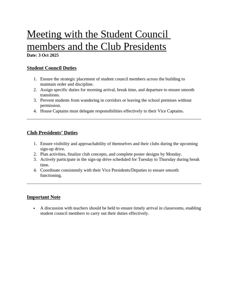 Meeting With The Student Council Members and The Club Presidents | PDF
