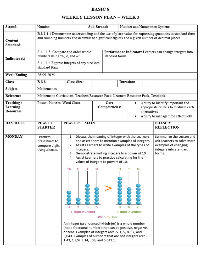 BS8 1st Term Wk3 - Maths | PDF | Numbers | Decimal