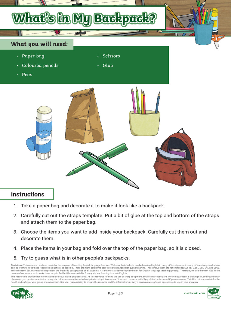 Backpack Craft Activity Worksheet | PDF | English As A Second Or ...