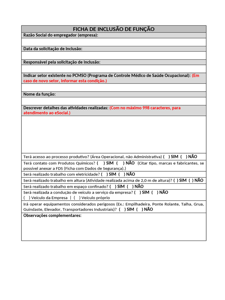 Ficha de Inclusão de Função no PCMSO | PDF
