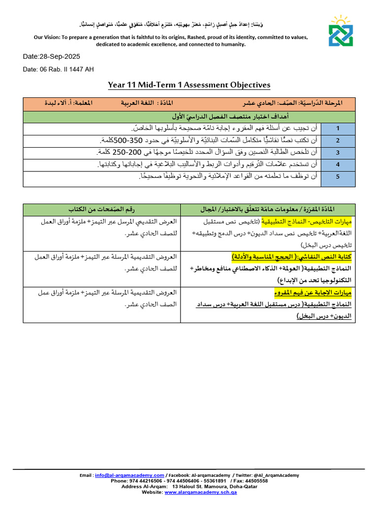 Yr-11-Mid Term 1 Objectives 2025-2026 | PDF