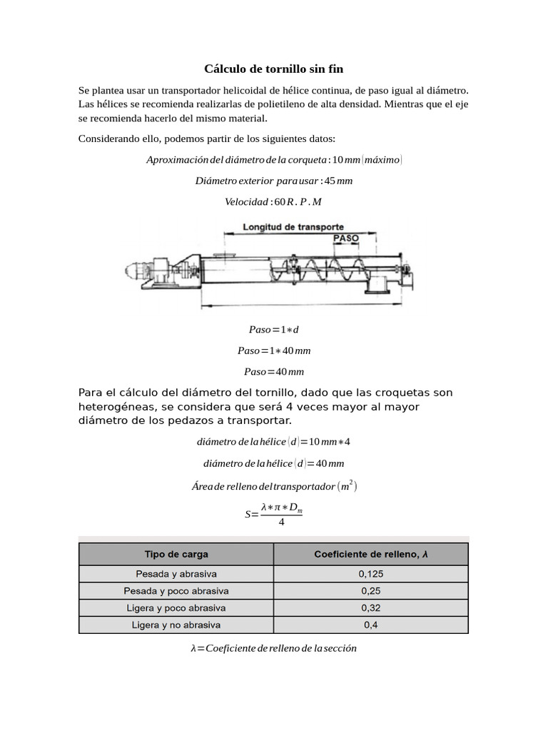 Cálculo de Tornillo Sin Fin | PDF | Ingeniería mecánica | Máquinas