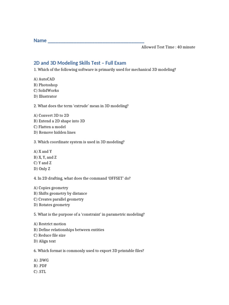 2D 3D Modeling Full Exam | PDF | 3 D Computer Graphics | 2 D Computer Graphics
