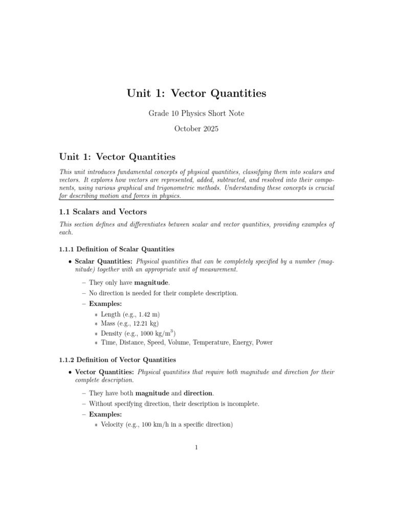 Physics Grade 10 Unit One Short Note PDF | PDF | Euclidean Vector | Force