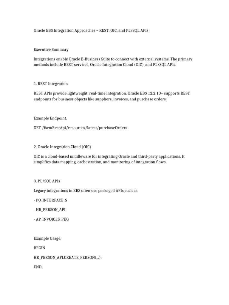 Oracle EBS Integration Approaches - REST, OIC, and PL - SQL APIs | PDF