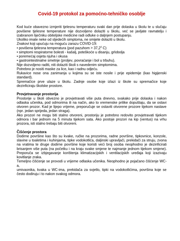 COVID-19 Protokol Za Tehničko Osoblje | PDF