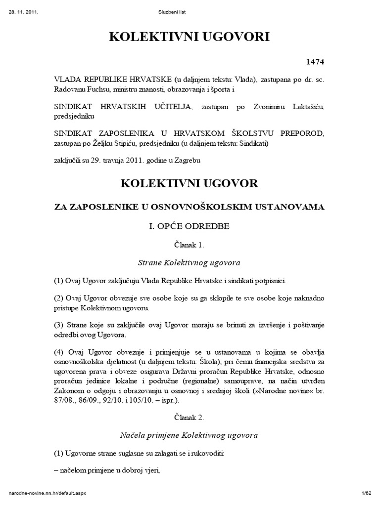 Kolektivni Ugovor Osnovna Škola | PDF