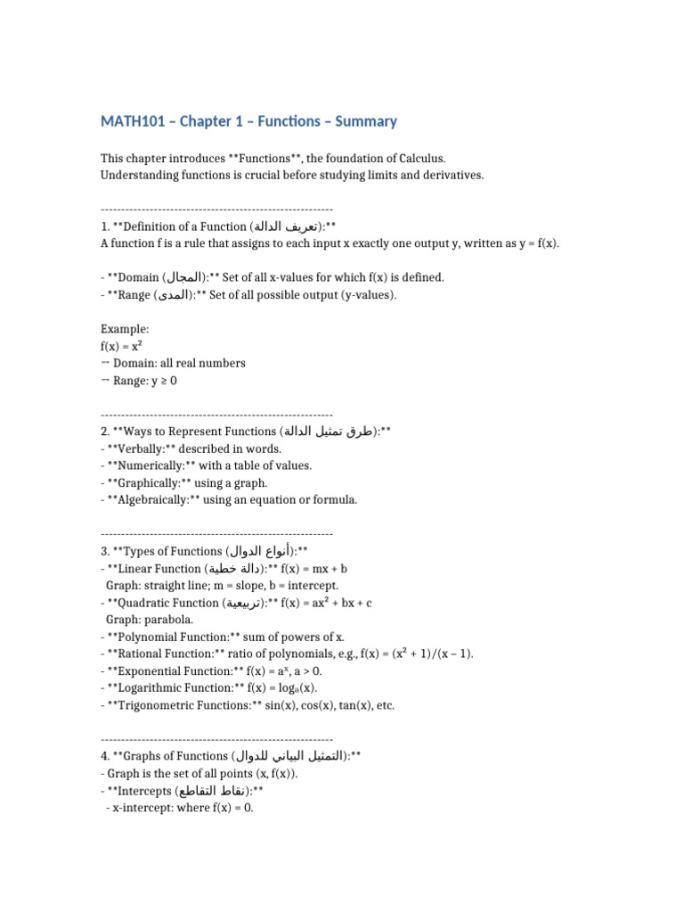 MATH101 Chapter 1 Functions Summary | PDF | Function (Mathematics) | Quadratic Equation