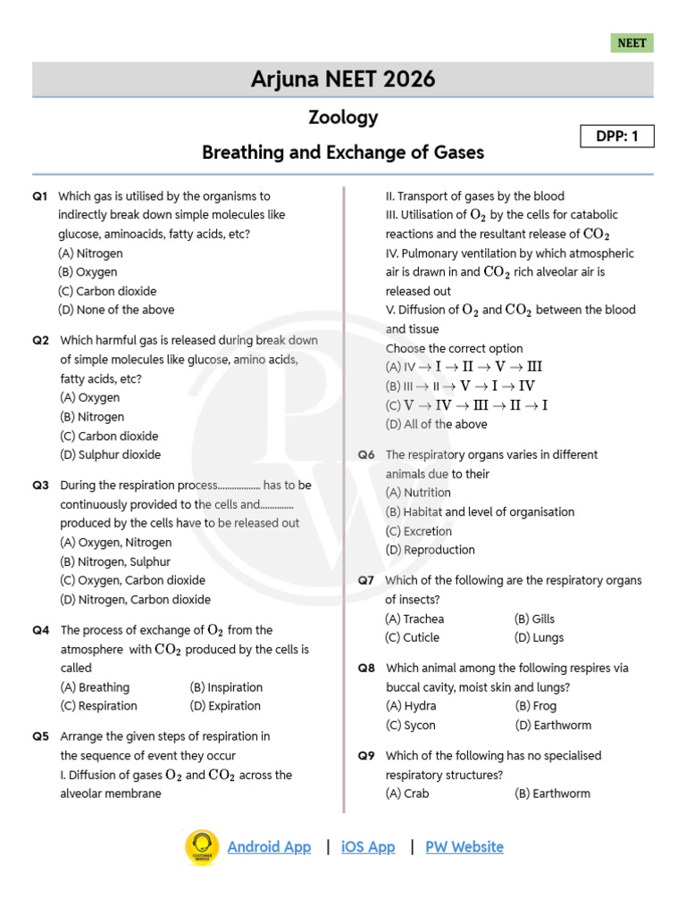 NEET 2026: Breathing & Gas Exchange Quiz | PDF | Respiratory System ...