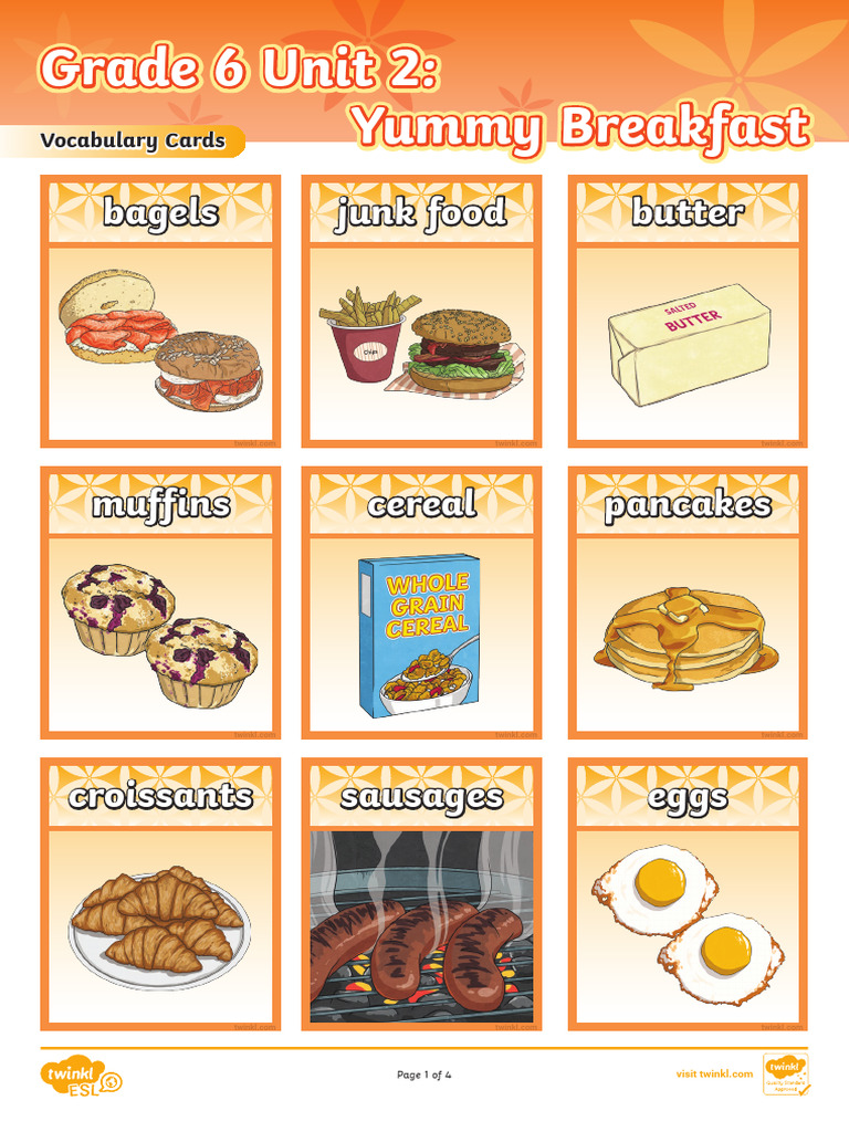 T 1707807039 Grade 6 Unit 2 Flashcards Yummy Breakfast Ver 1 | PDF ...