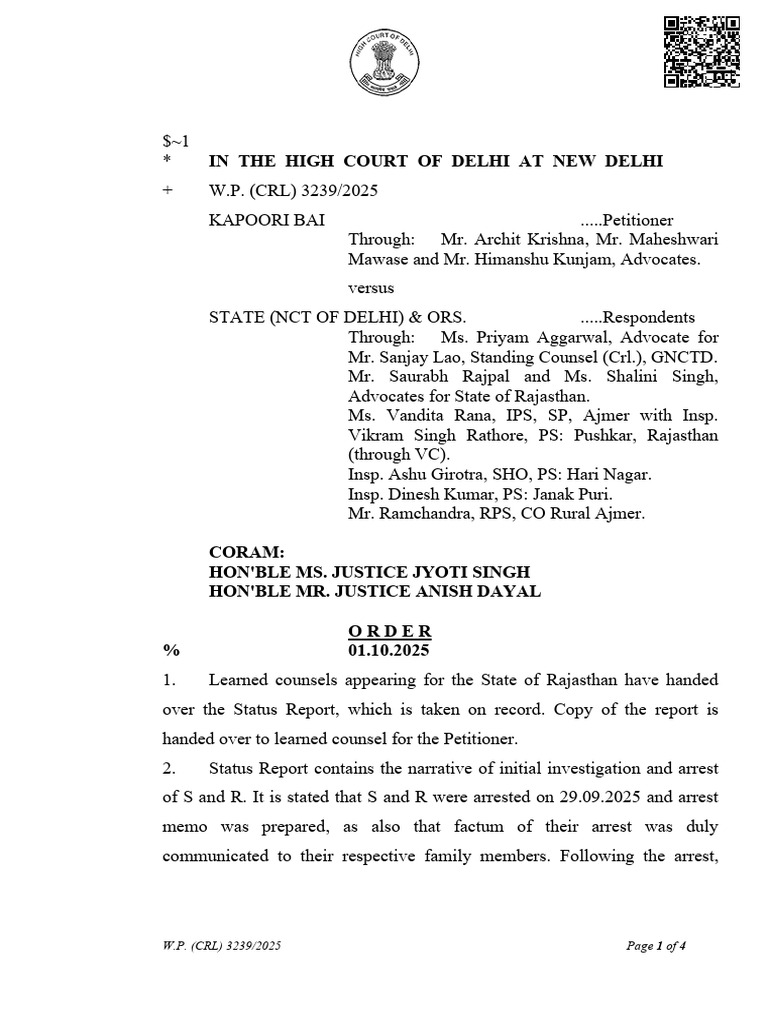 Delhi High Court Order on W.P. (CRL) 3239/2025 | PDF | Arrest ...