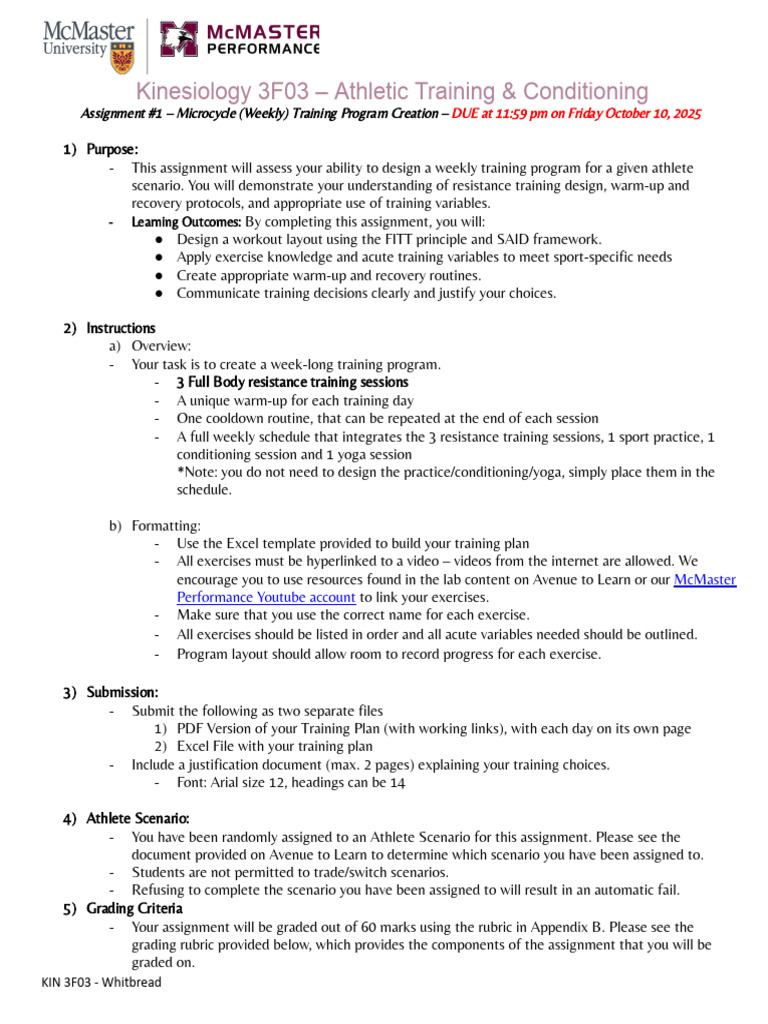 Weekly Athletic Training Program Guide | PDF | Strength Training ...
