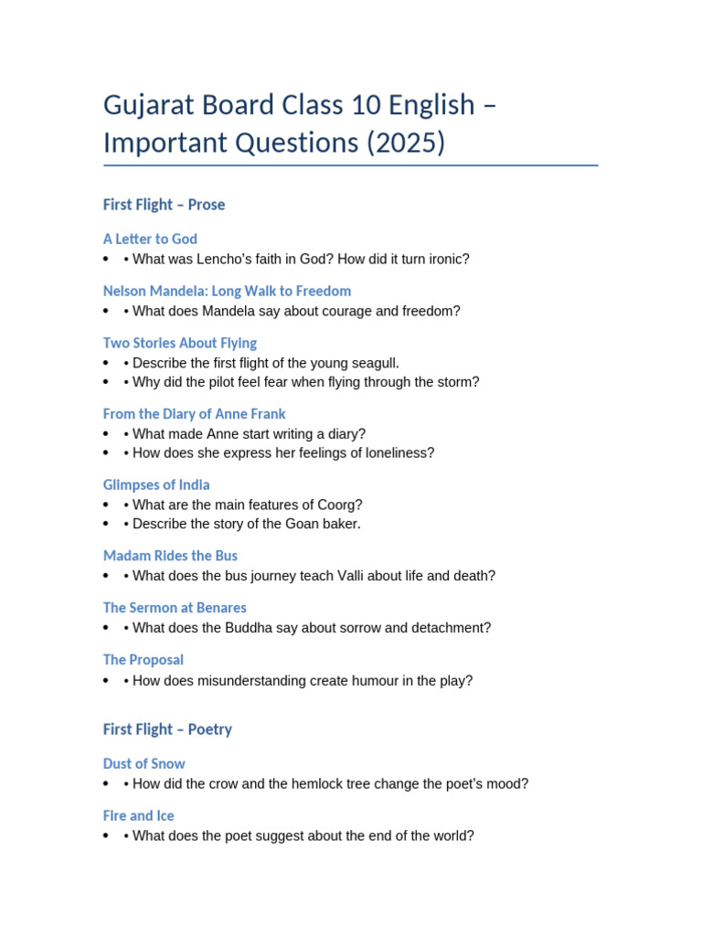 Gujarat Class 10 English Important Questions | PDF