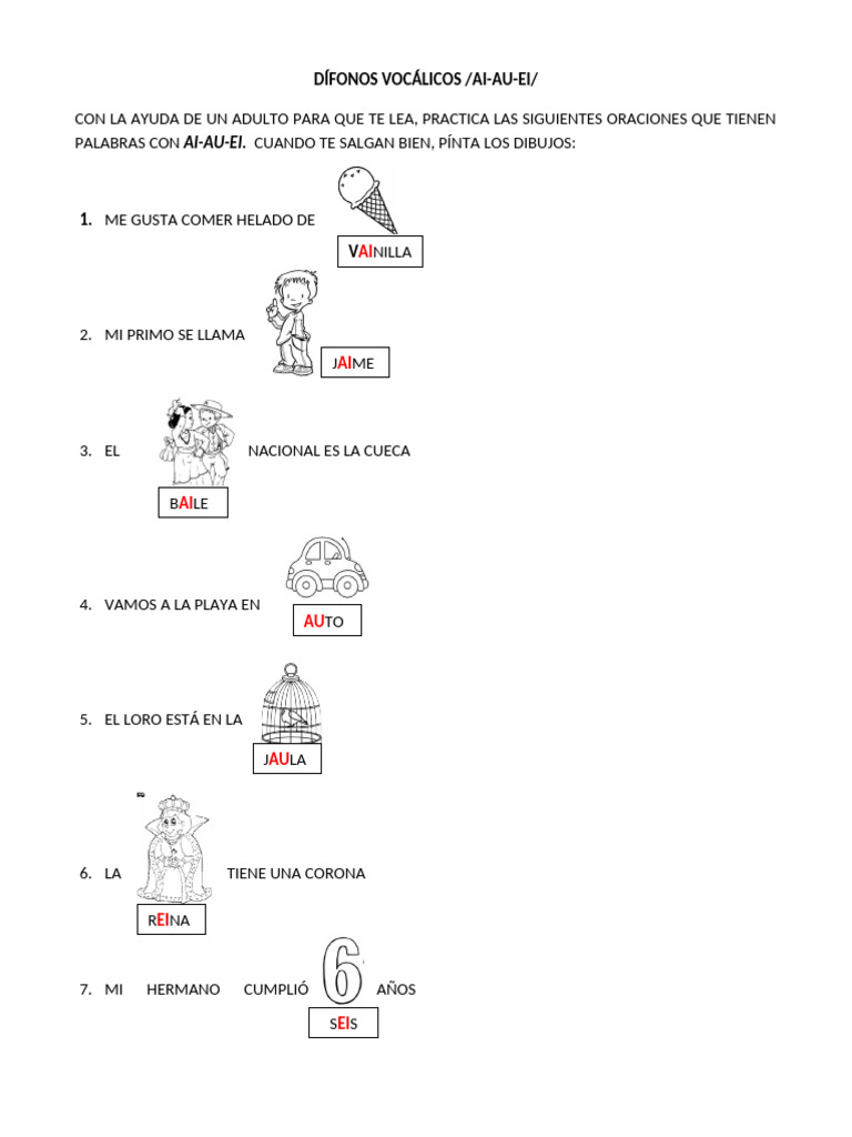 Práctica de Diptongos Vocales AI-AU-EI | PDF