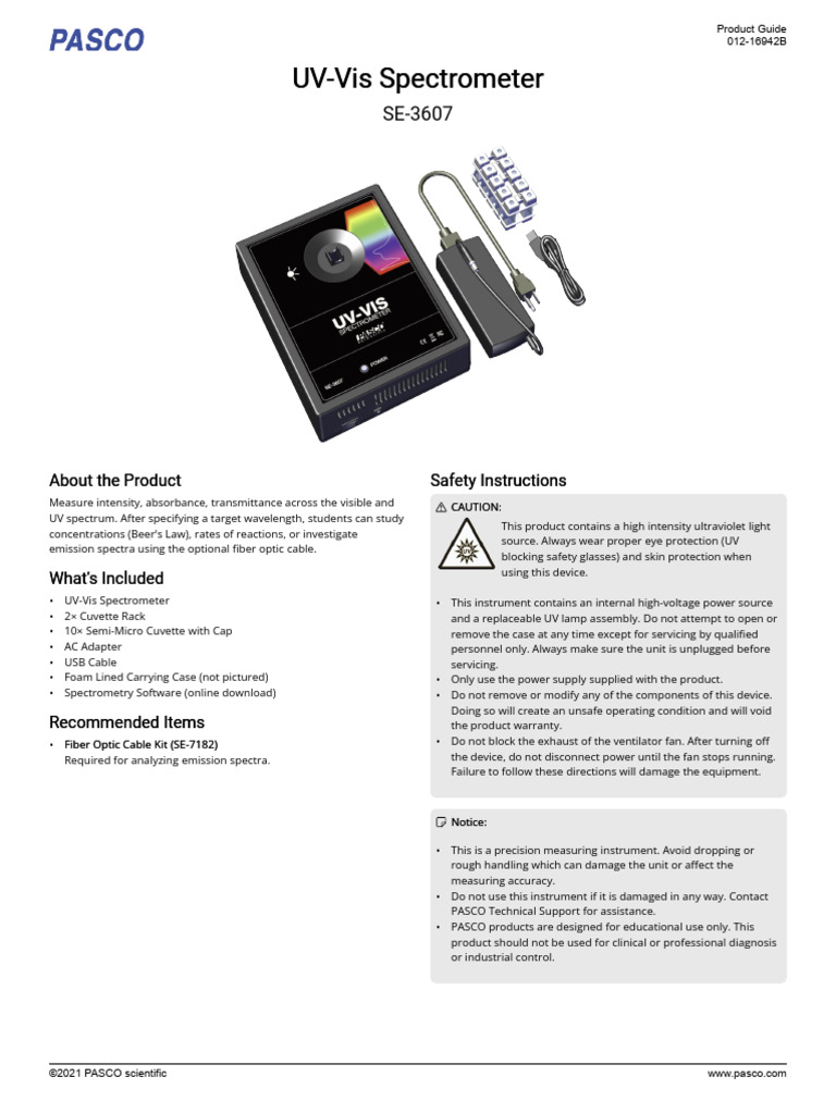 UV-Vis - Spectrometer - PASCO Scientific Chile | PDF | Ultraviolet–Visible Spectroscopy | Absorbance