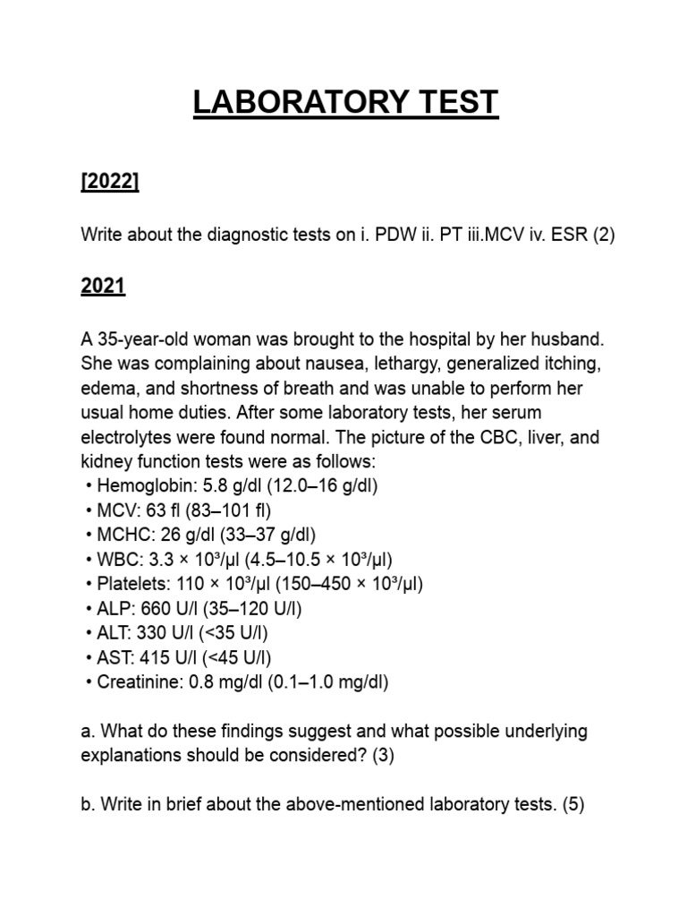 Diagnostic Tests: PDW, PT, MCV, ESR Analysis | PDF