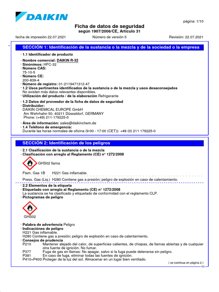 MSDS_DAIKIN_R_32 | PDF | Agua | Ventilación (Arquitectura)