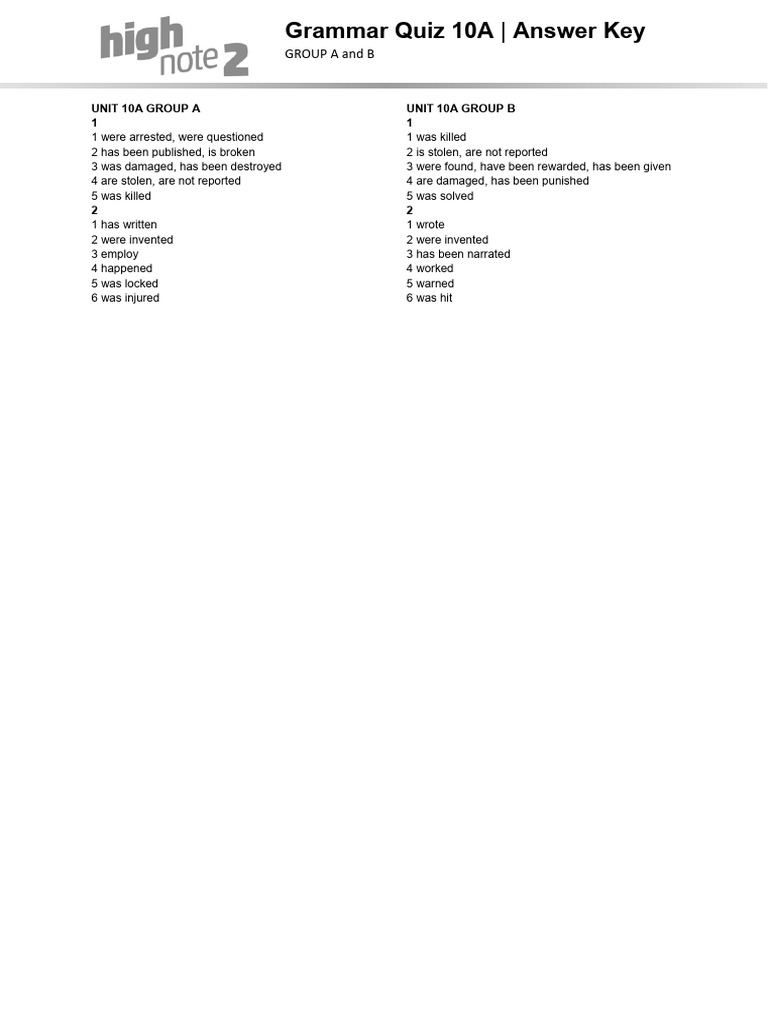 HighNote2 Grammar Quiz Unit10A GroupA B ANSWERS | PDF