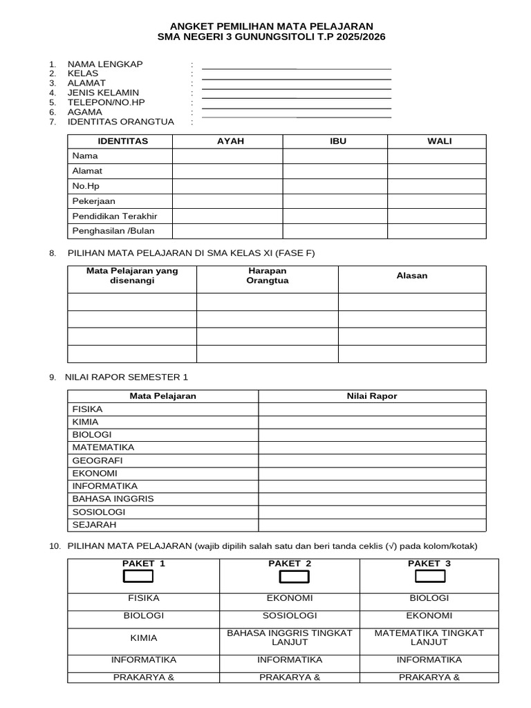 Angket Pilihan Minat Mata Pelajaran | PDF
