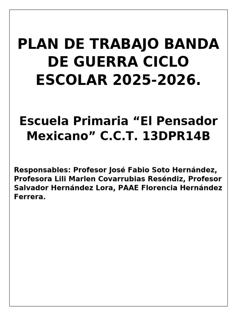 Plan Trabajo Banda de Guerra 2025-2026 | PDF | Escuelas | Educación ...
