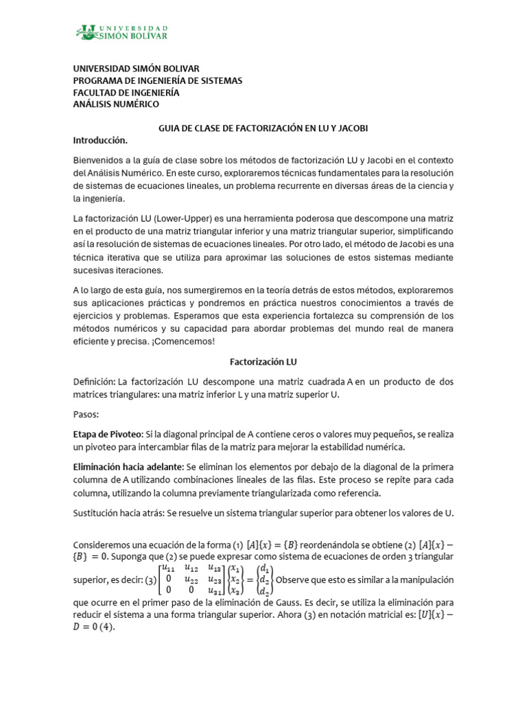 Guia de Factorización en LU y Jacobi | PDF | Matriz (Matemáticas ...