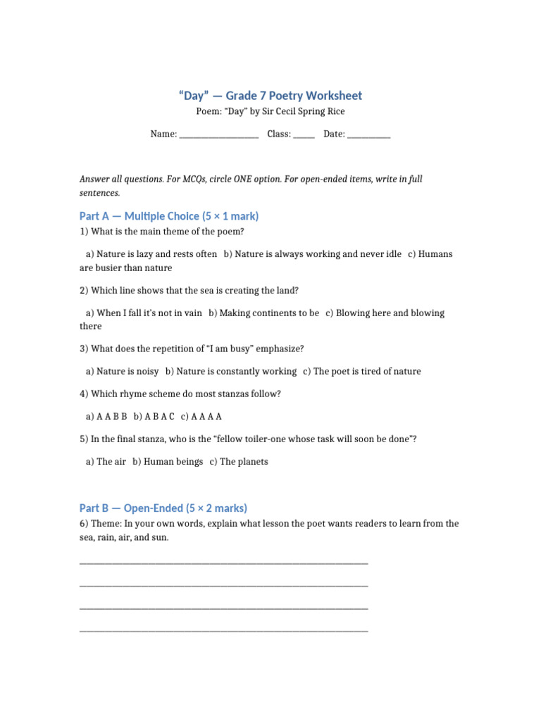 Day Poem Grade7 Worksheet | PDF | Poetry