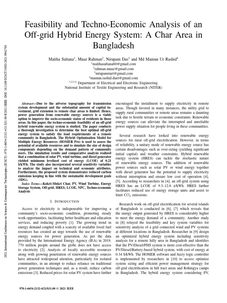 Feasibility and Techno-Economic Analysis of An Off-Grid Hybrid Energy ...