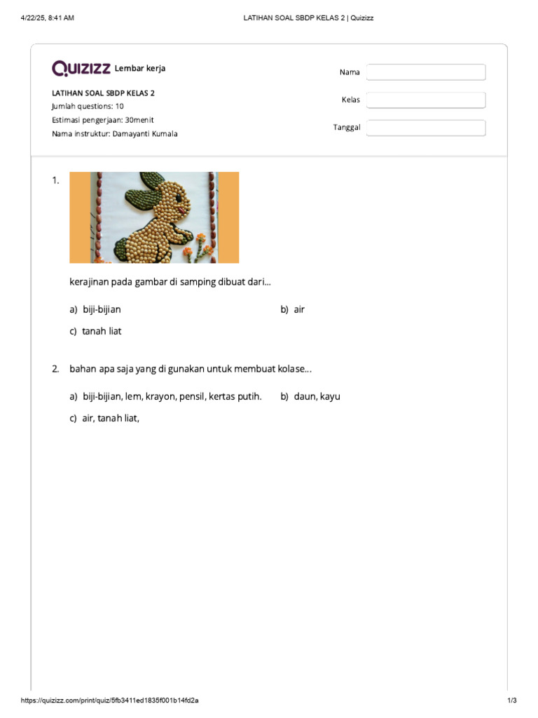 Latihan Soal SBDP Kelas 2 - Quizizz | PDF