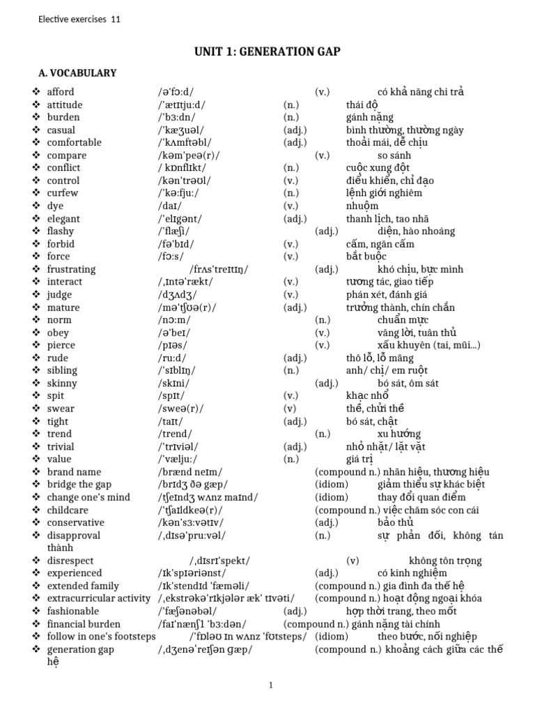 Unit 1: Generation Gap: A. Vocabulary | PDF