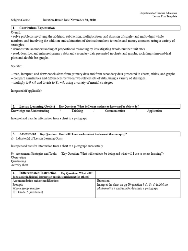 Lesson Plan Grade 4 Math Data Management 3 | PDF | Differentiated ...