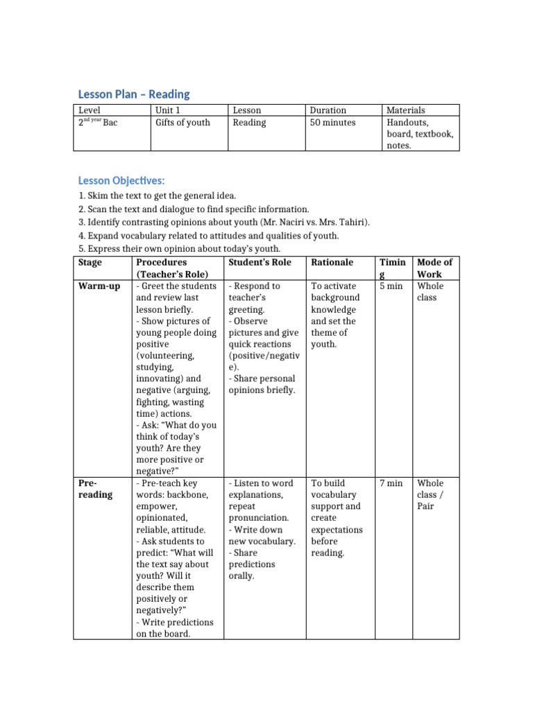 2nd Year Bac Reading Lesson Plan | PDF | Reading Comprehension | Learning