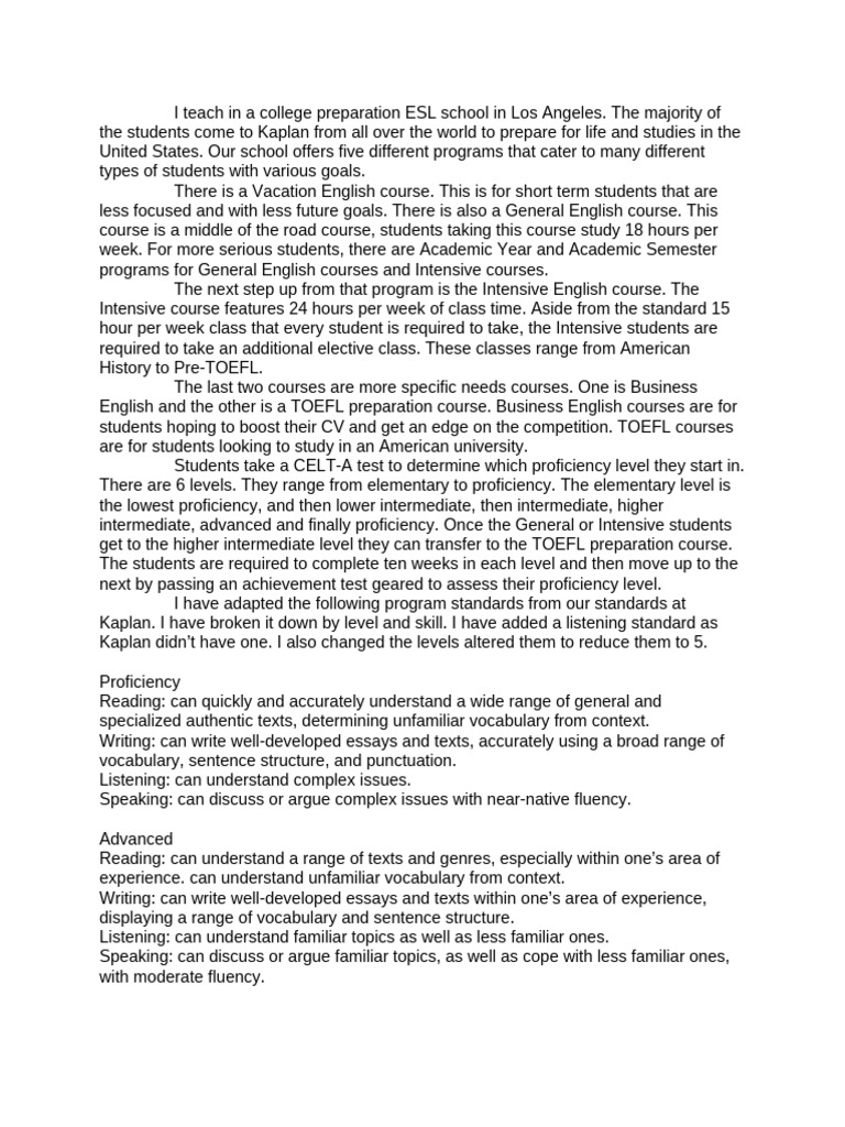 ESL Programs and Proficiency Standards | PDF | Vocabulary | Test Of ...