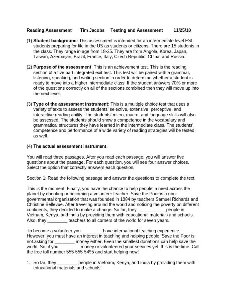 ESL Reading Assessment for Intermediate Students | PDF | Validity ...