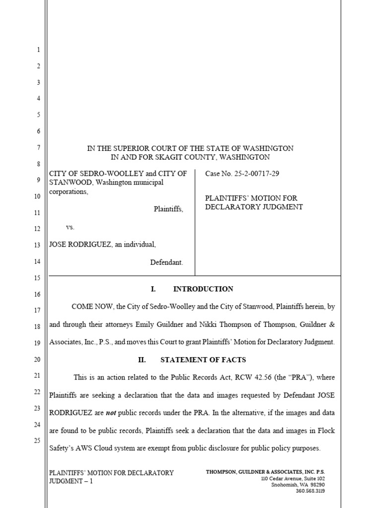 Sedro-Woolley v. Jose Rodriguez Motion For Declaratory. Judgment | PDF | Declaratory Judgment ...