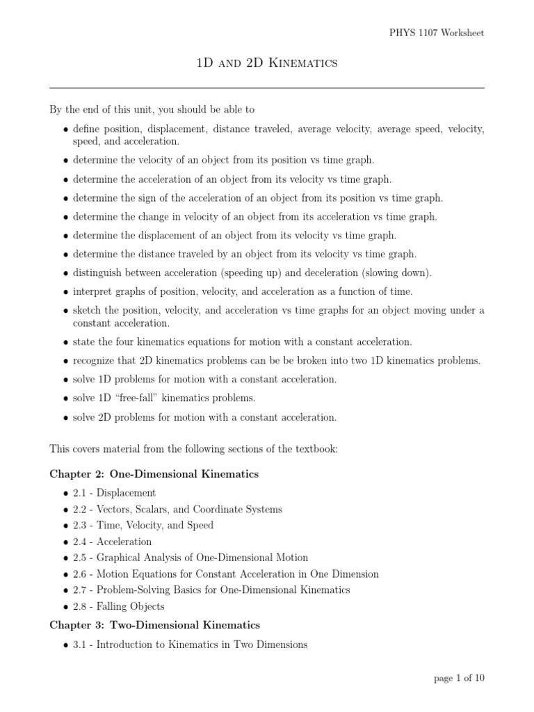 1D and 2D Kinematics Worksheet | PDF | Velocity | Acceleration