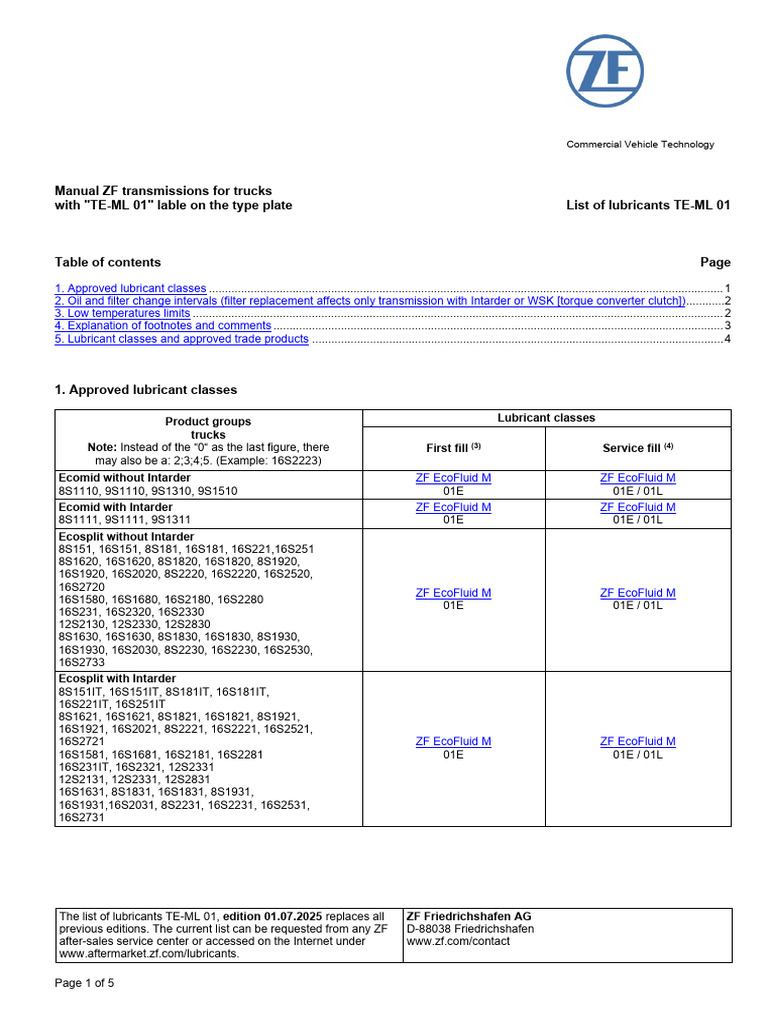 TE-ML 01 Lubricants List for Trucks | PDF | Motor Oil | Lubricant