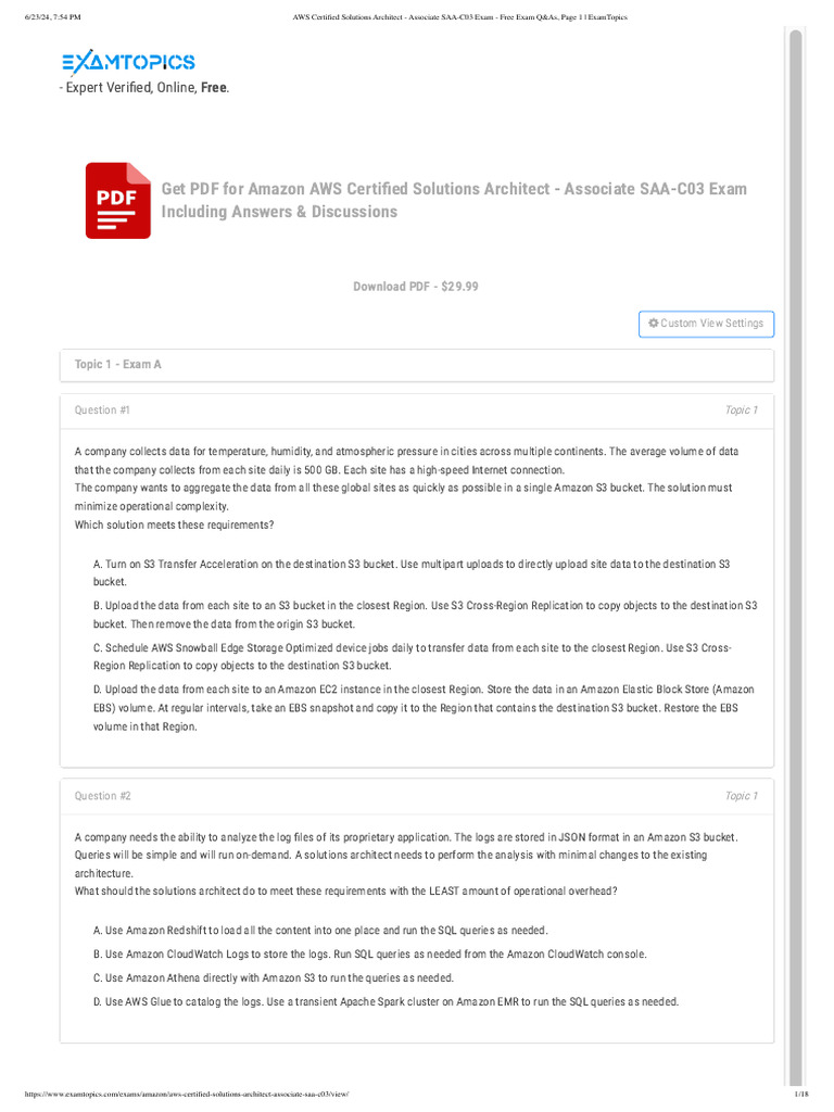 AWS Certified Solutions Architect - Associate SAA-C03 Exam - Free Exam Q&as, Page 1 - ExamTopics ...