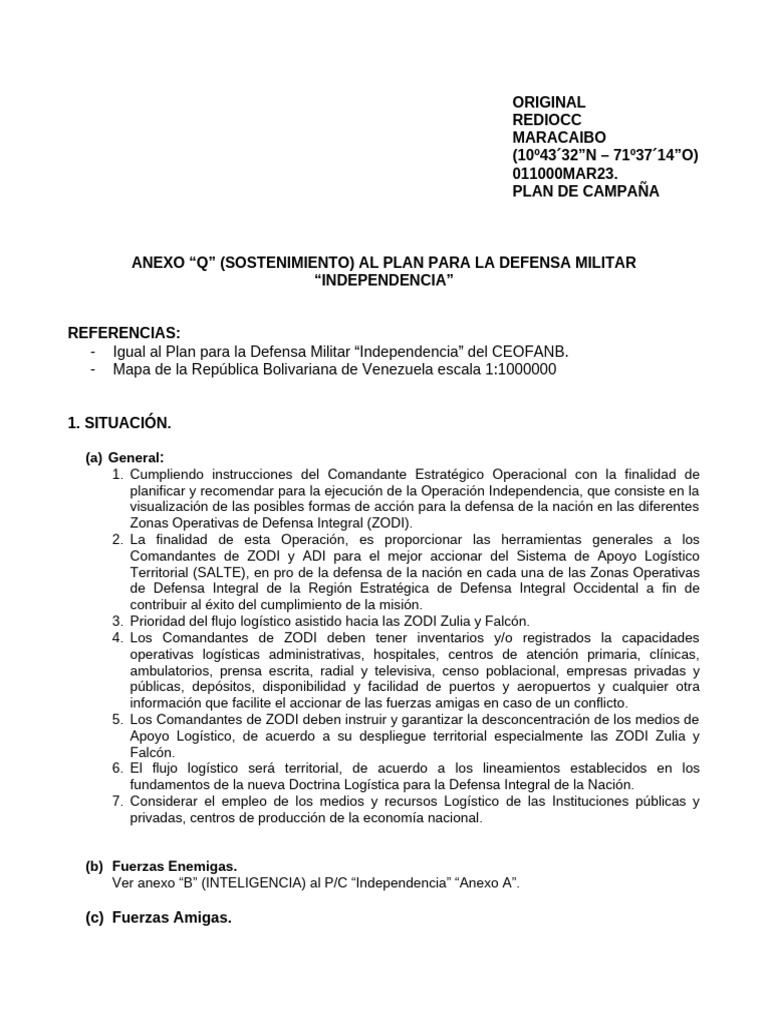Plan de Sostenimiento Militar ZODI | PDF